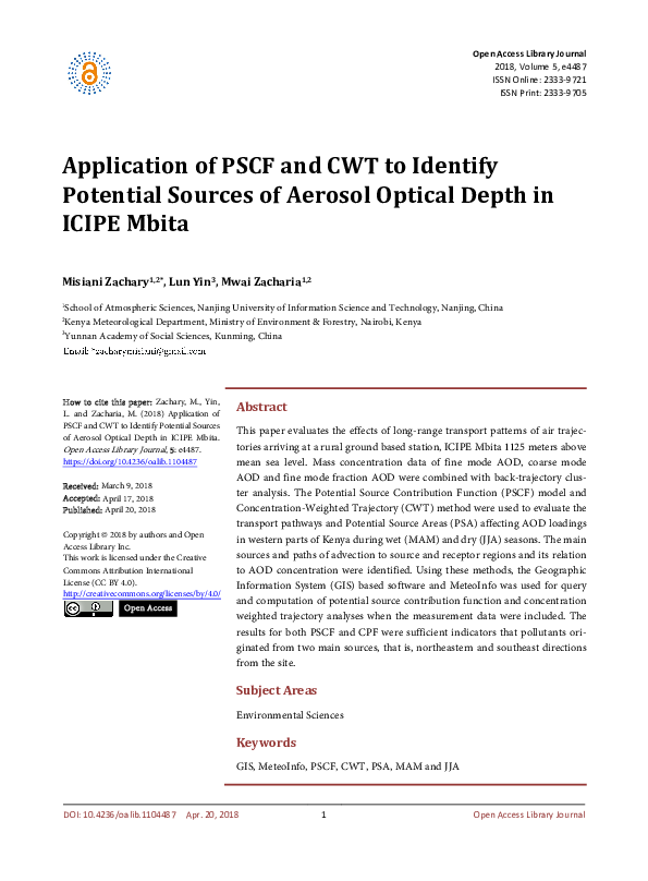Pdf Application Of Pscf And Cwt To Identify Potential Sources Of Aerosol Optical Depth In