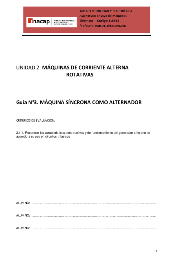 (DOC) UNIDAD 2: MÁQUINAS DE CORRIENTE ALTERNA ROTATIVAS Guía N°3. MÁQUINA SÍNCRONA COMO ALTERNADOR