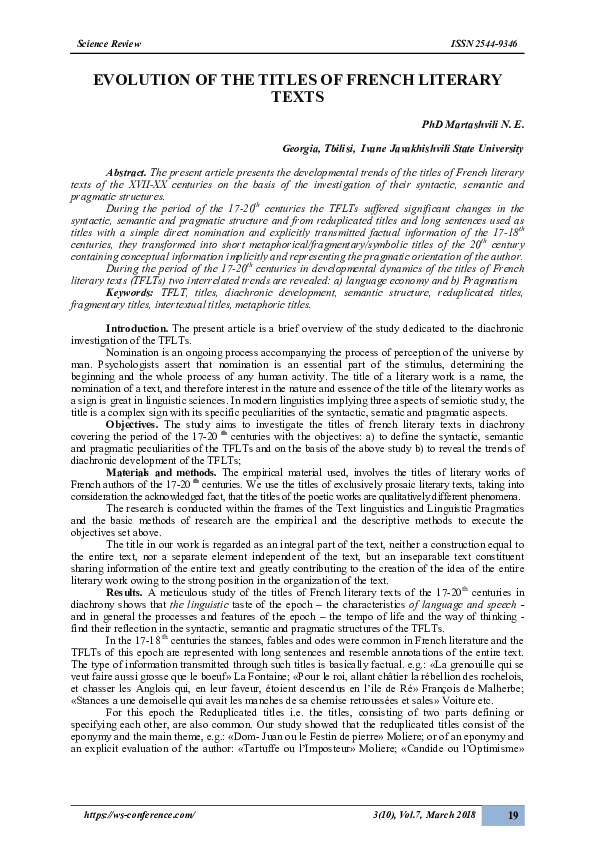 (PDF) EVOLUTION OF THE TITLES OF FRENCH LITERARY TEXTS