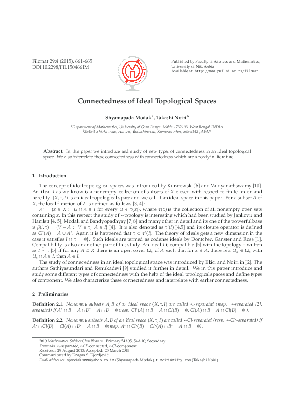 Pdf Connectedness Of Ideal Topological Spaces