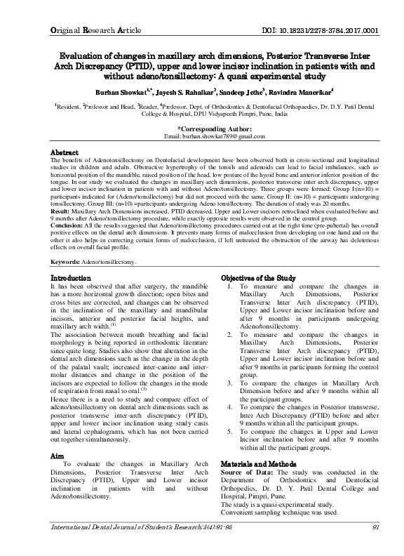 (PDF) Evaluation of changes in maxillary arch dimensions, Posterior ...