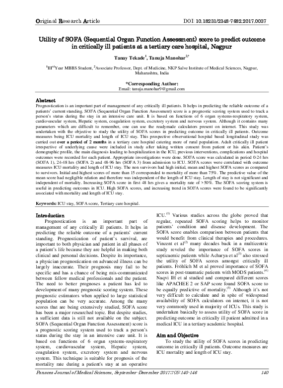 (PDF) Utility of SOFA (Sequential Organ Function Assessment) score to ...