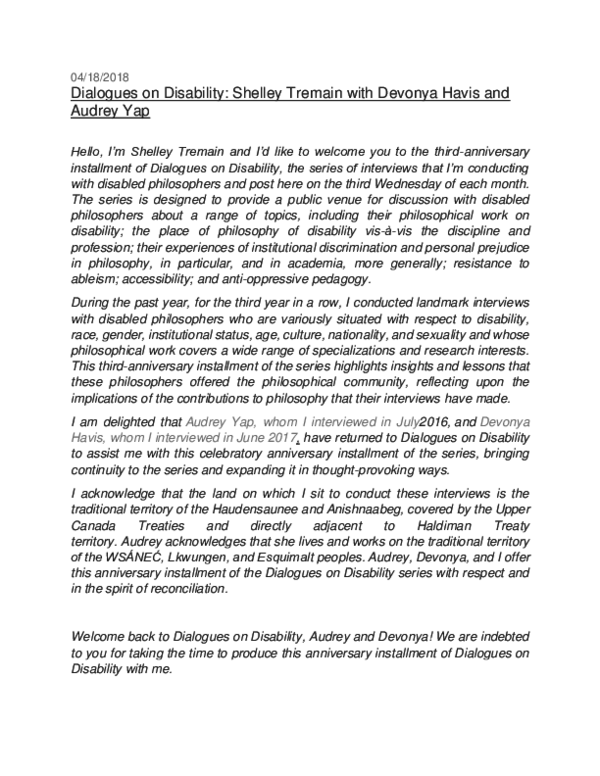 (PDF) Dialogues on Disability: Shelley Tremain with Devonya Havis and ...
