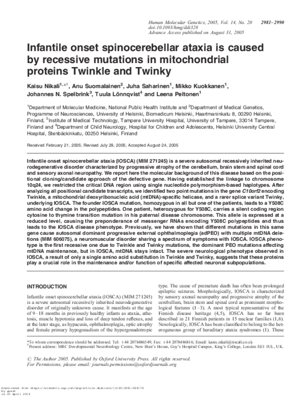 (PDF) Infantile onset spinocerebellar ataxia is caused by recessive mutations in mitochondrial ...