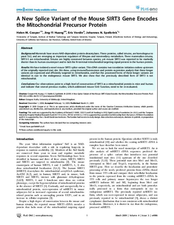 (PDF) A New Splice Variant of the Mouse SIRT3 Gene Encodes the ...