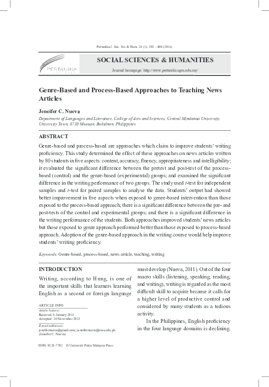 (PDF) Genre-Based and Process-Based Approaches to Teaching News Articles