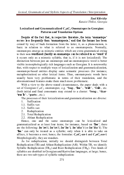 (PDF) Lexicalized and Grammaticalized C1aC2 Onomatopes in Georgian ...