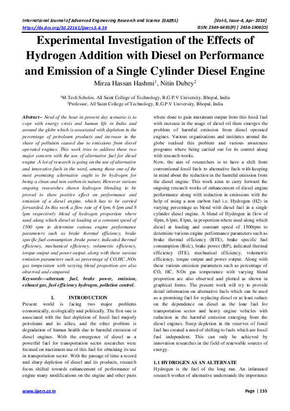 (PDF) Experimental Investigation of the Effects of Hydrogen Addition with Diesel on Performance ...