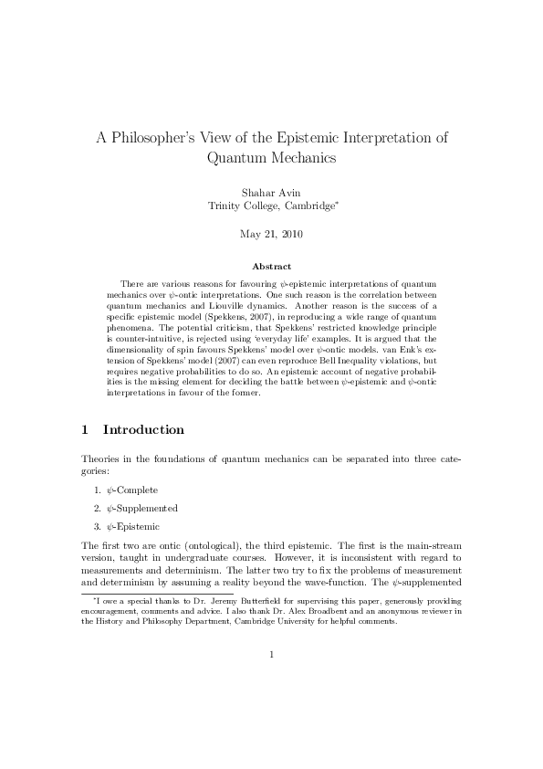 (PDF) A Philosopher's View of the Epistemic Interpretation of Quantum Mechanics