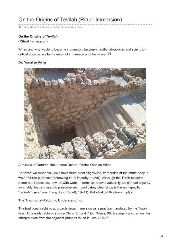 (PDF) On the Origins of Tevilah (Ritual Immersion)