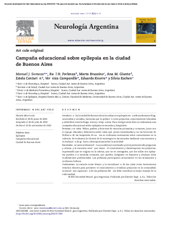 (PDF) Campaña educacional sobre epilepsia en la ciudad de Buenos Aires | Silvia Kochen ...
