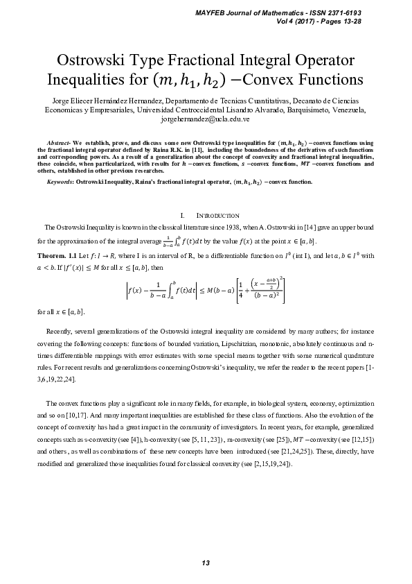 (PDF) Ostrowski Type Fractional Integral Operator Inequalities for , , Convex Functions