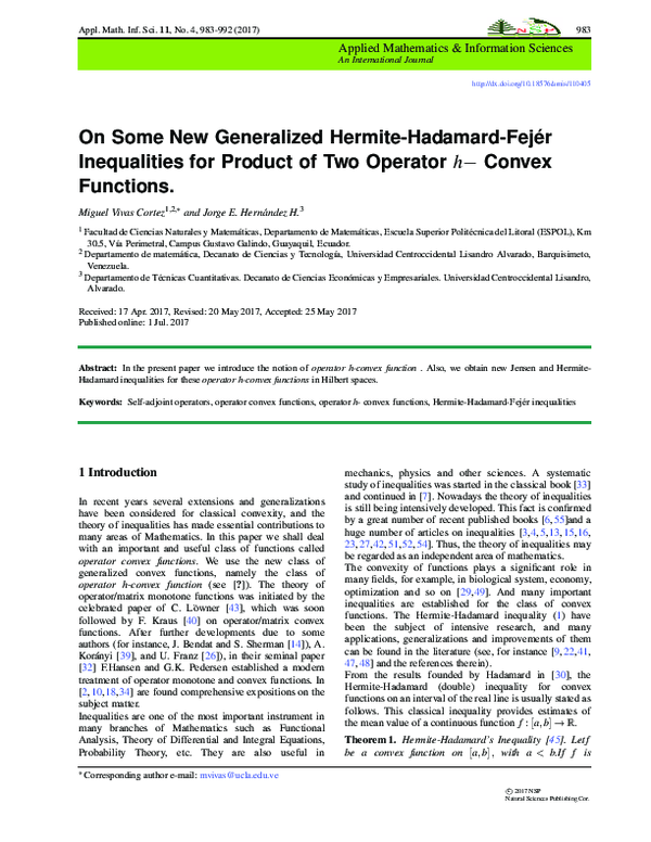 (PDF) On Some New Generalized Hermite-Hadamard-Fejér Inequalities for Product of Two Operator h− ...