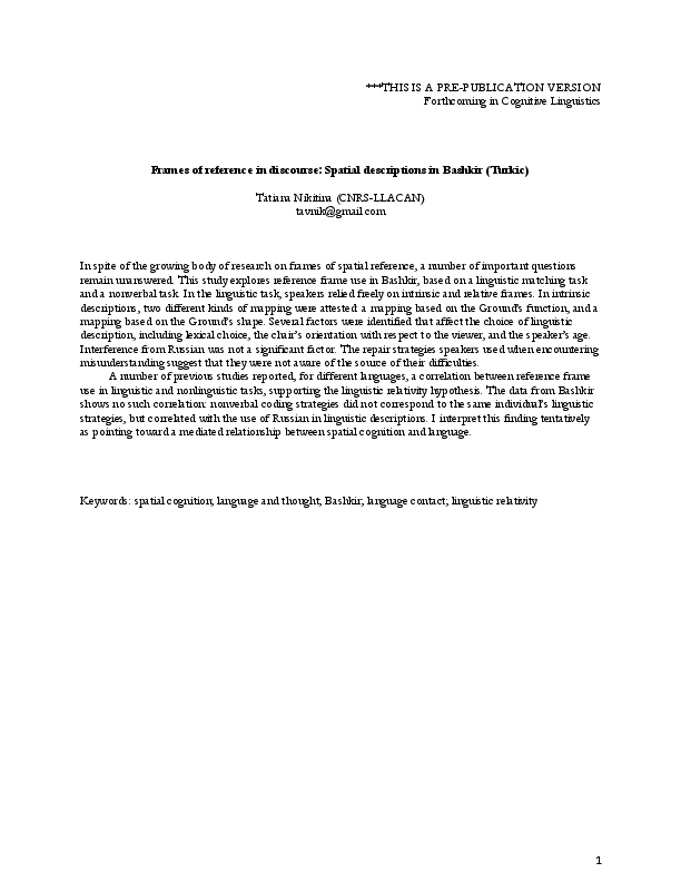 Pdf Frames Of Reference In Discourse Spatial Descriptions In Bashkir