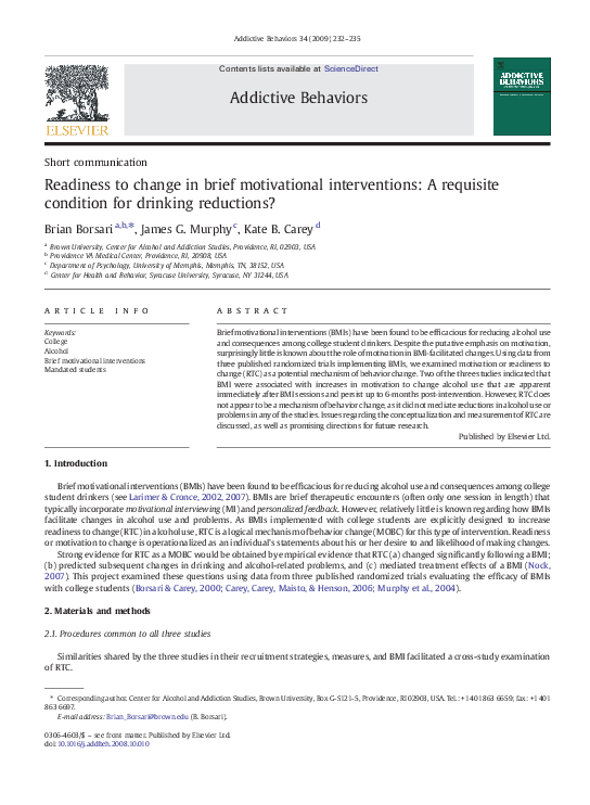(PDF) Readiness to change in brief motivational interventions: A ...