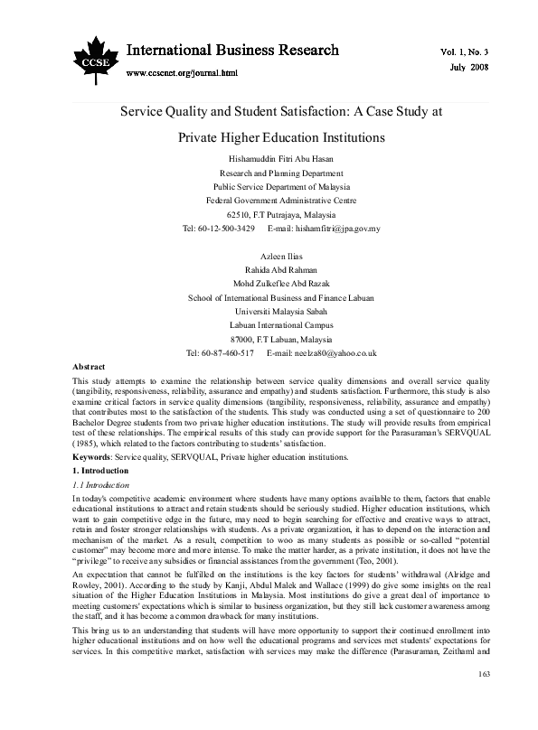 (PDF) Service Quality and Student Satisfaction: A Case Study at Private Higher Education ...