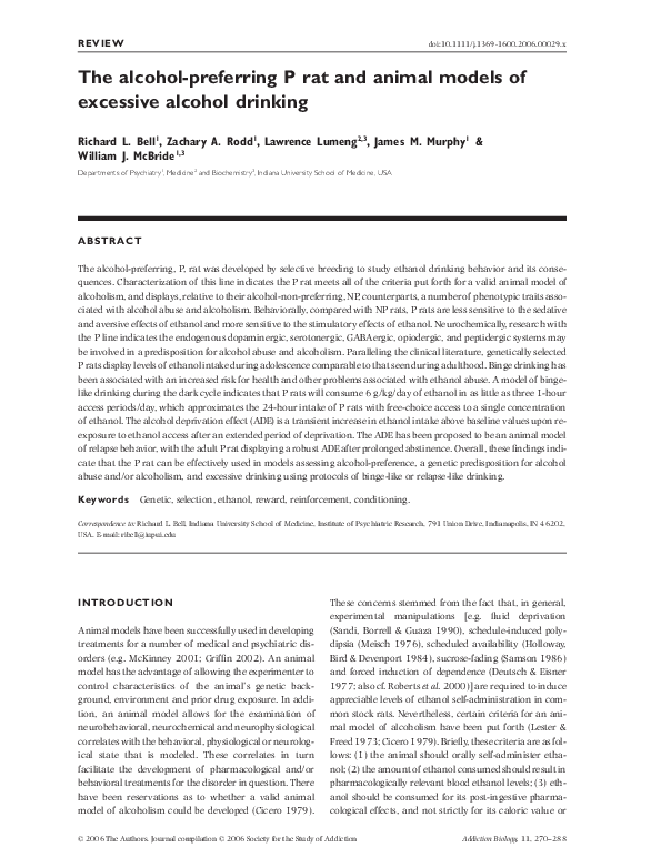 (PDF) The alcohol-preferring P rat and animal models of excessive ...