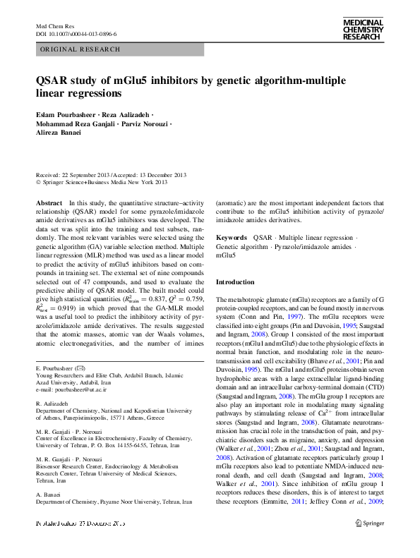 (PDF) QSAR study of mGlu5 inhibitors by genetic algorithm-multiple linear regressions