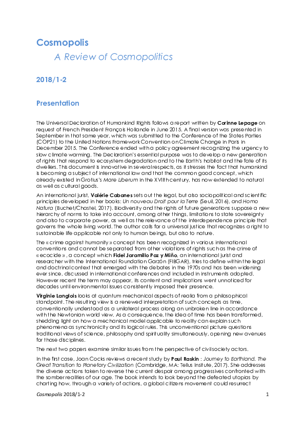 (PDF) Cosmopolis A Review of Cosmopolitics