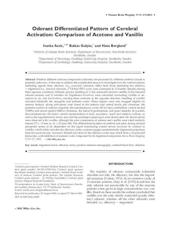 (PDF) Odorant differentiated pattern of cerebral activation: Comparison ...