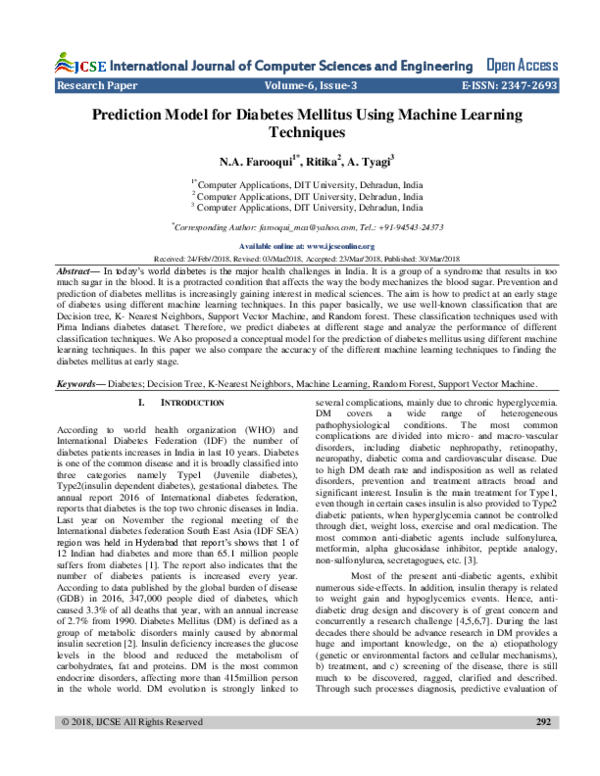 Pdf Diabetes Prediction Using Machine Learning Techniques Ijera