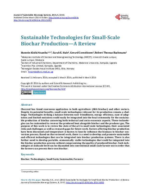 (PDF) Sustainable Technologies for Small-Scale Biochar Production—A Review