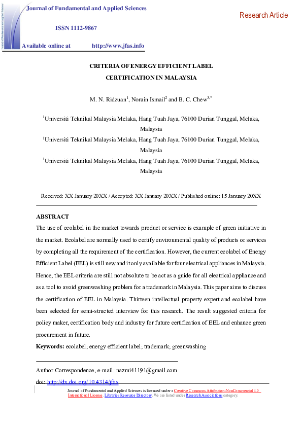 (DOC) Criteria of Energy Efficient Label Certification In Malaysia [2016]