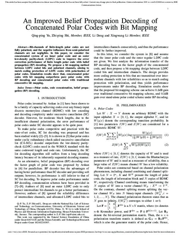 An Improved Belief Propagation Decoding Of Concatenated Polar Codes
