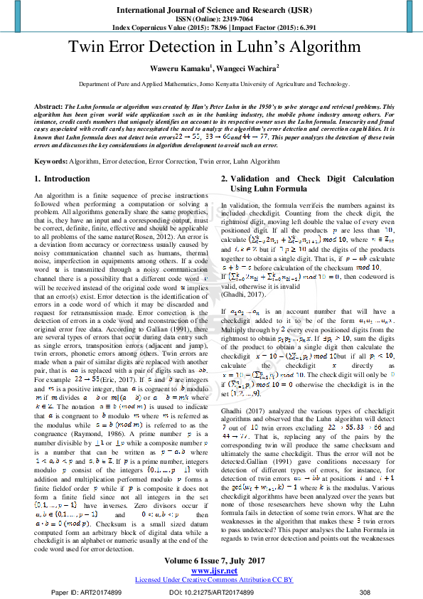 (PDF) Twin Error Detection in Luhn's Algorithm