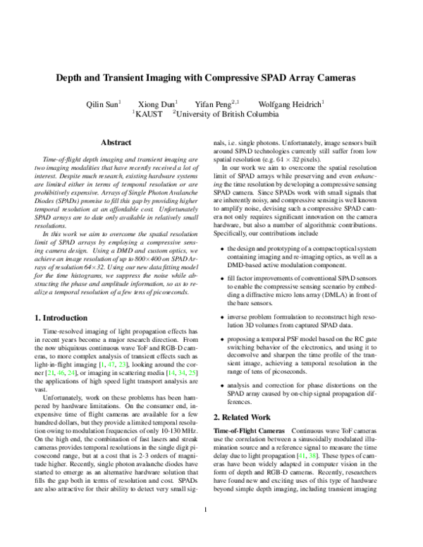 (PDF) Depth and Transient Imaging with Compressive SPAD Array Cameras