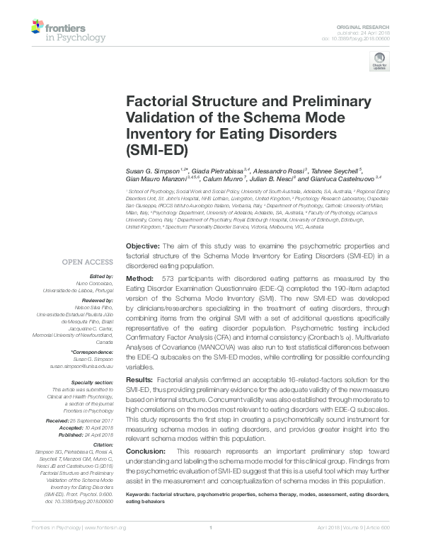 (PDF) Factorial Structure and Preliminary Validation of the Schema Mode ...