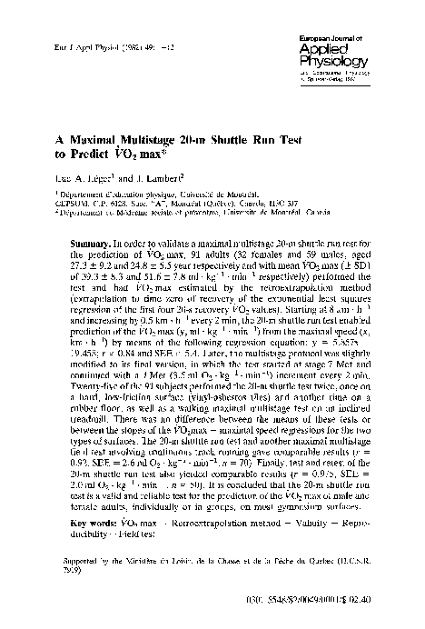 (PDF) A Maximal.Multistage 20-m Shuttle Run Test to Predict VO2 max