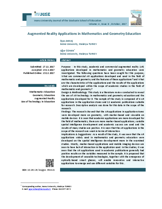 Pdf Augmented Reality Applications In Mathematics And Geometry Education