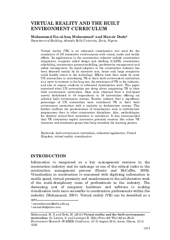 (PDF) VIRTUAL REALITY AND THE BUILT ENVIRONMENT CURRICULUM