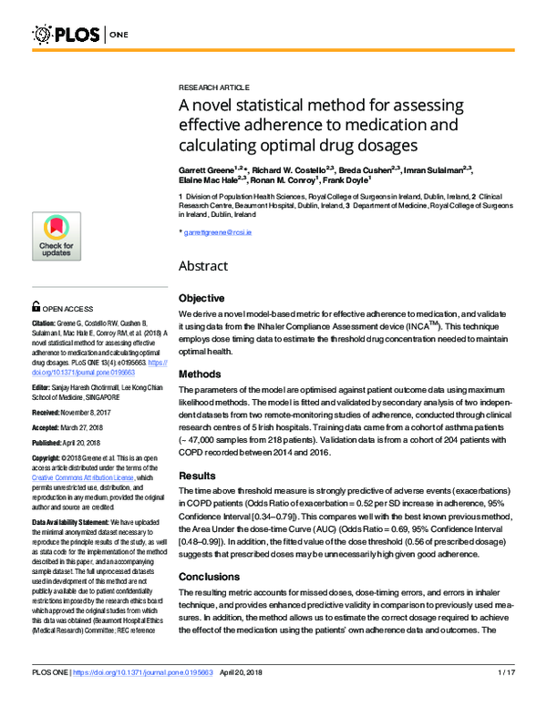Pdf A Novel Statistical Method For Assessing Effective Adherence To Medication And Calculating