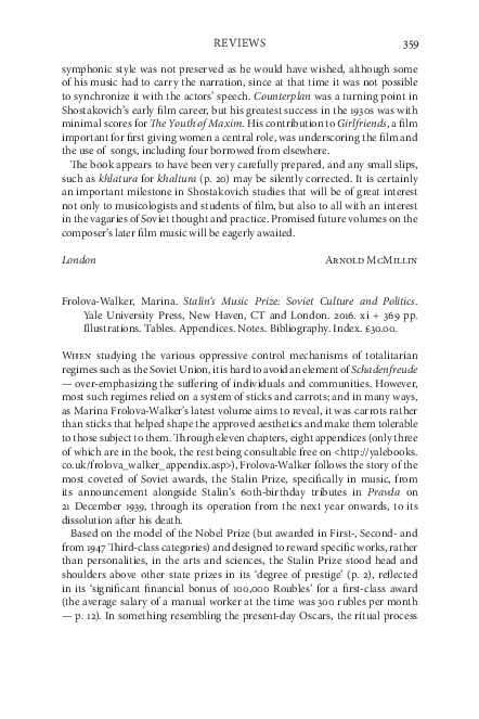 (PDF) Review: Stalin's Music Prize: Soviet Culture and Politics by ...
