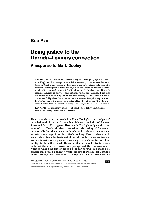 (PDF) Doing Justice to the Derrida–Levinas Connection: A Response to ...