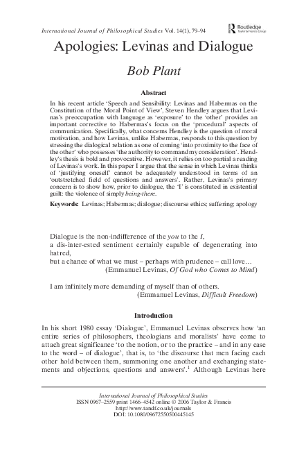 (PDF) Apologies: Levinas and Dialogue