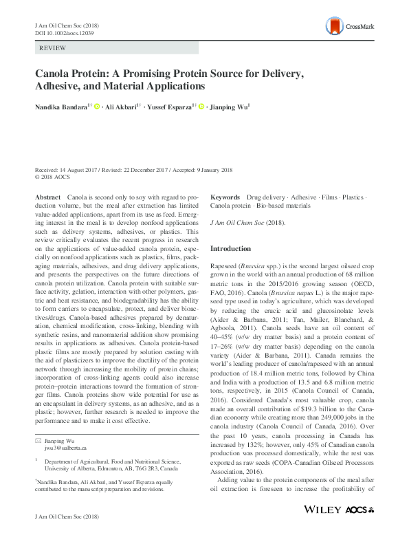 (PDF) Canola Protein: A Promising Protein Source for Delivery, Adhesive ...