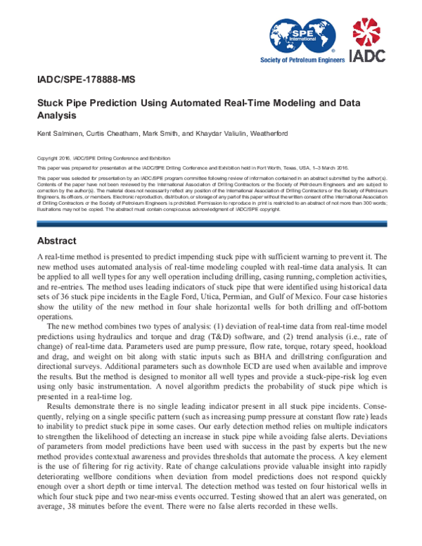 (PDF) IADC/SPE-178888-MS Stuck Pipe Prediction Using Automated Real-Time Modeling and Data Analysis