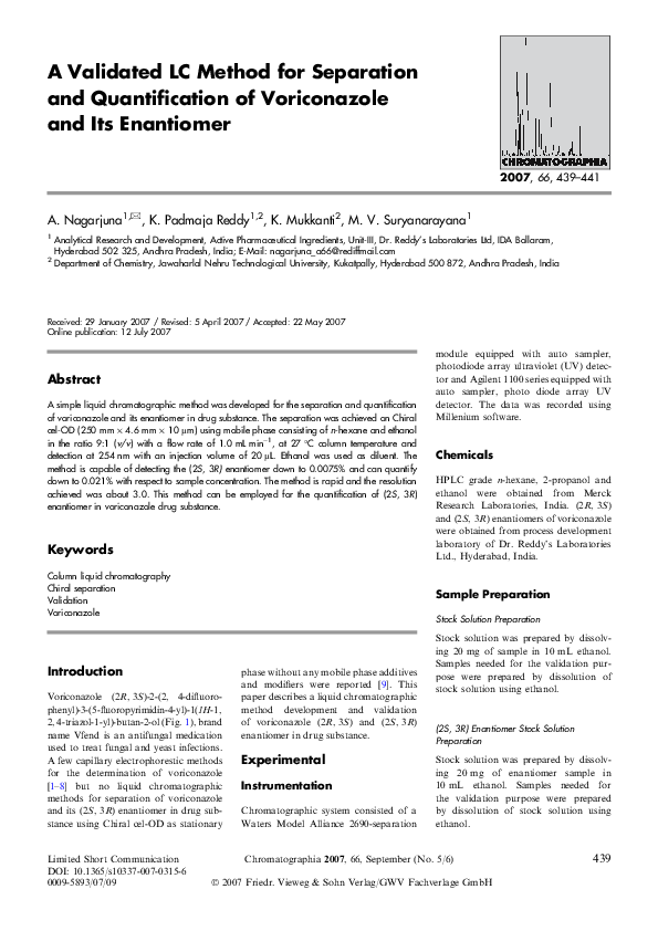 Pdf A Validated Lc Method For Separation And Quantification Of Voriconazole And Its Enantiomer