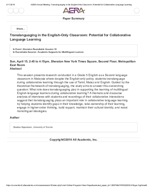 (PDF) Translanguaging in the English-only classroom: Potential for ...