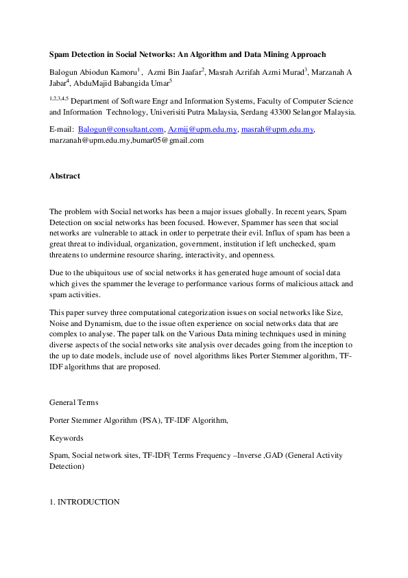 Pdf Spam Detection In Social Networks An Algorithm And Data Mining 3848