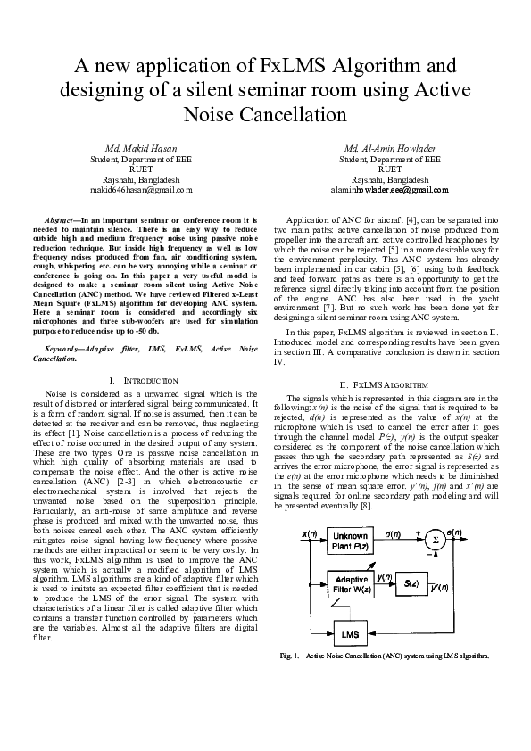 Pdf A New Application Of Fxlms Algorithm And Designing Of A Silent