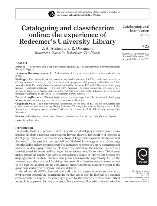 (PDF) Cataloguing and classification online: the experience of Redeemer ...