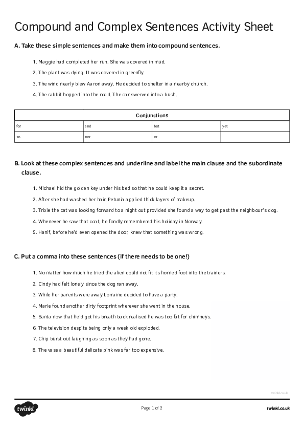 (PDF) Compound and Complex Sentences Activity Sheet