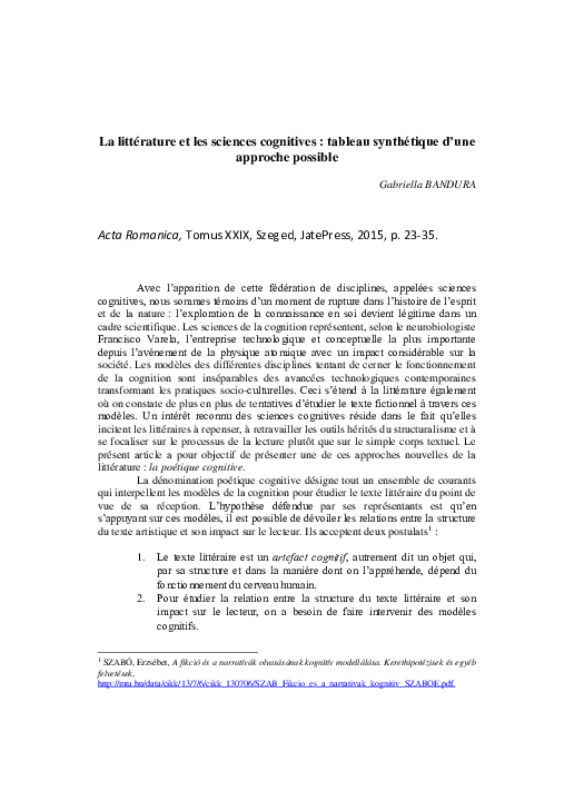 (PDF) La littérature et les sciences cognitives : tableau synthétique d'une approche possible