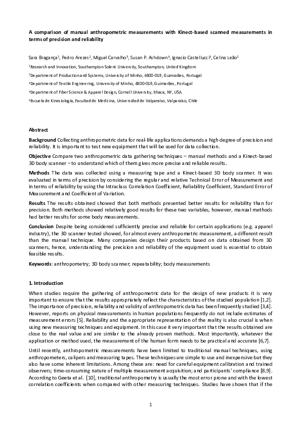 Pdf A Comparison Of Manual Anthropometric Measurements With Kinect Based Scanned Measurements