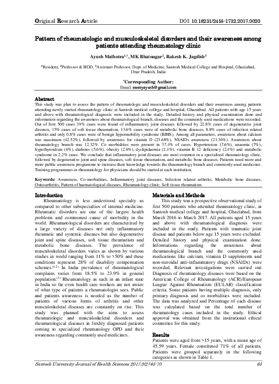 (PDF) Pattern of rheumatologic and musculoskeletal disorders and their ...