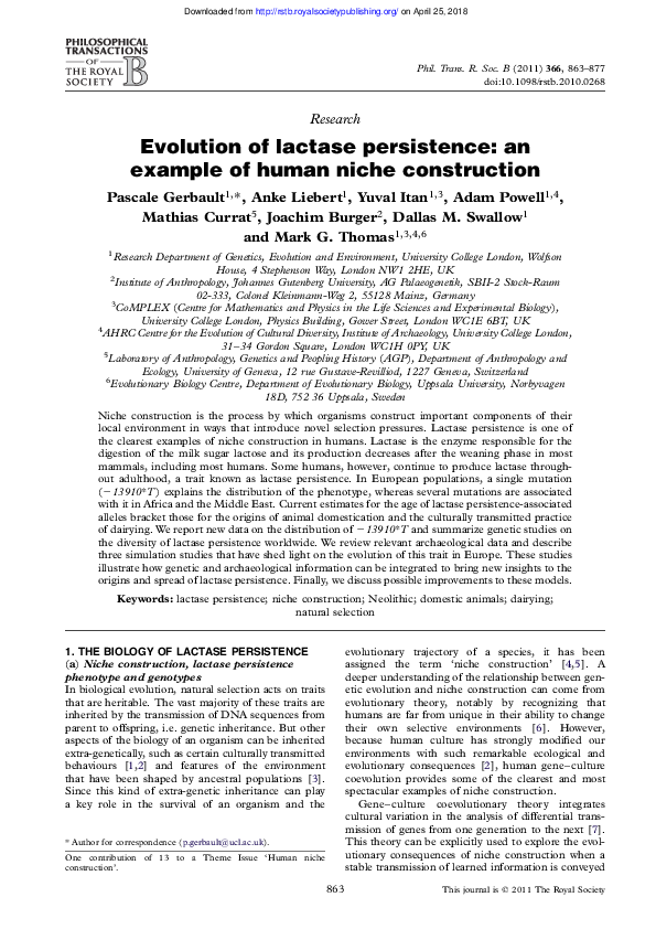 (PDF) Evolution of lactase persistence: an example of human niche ...